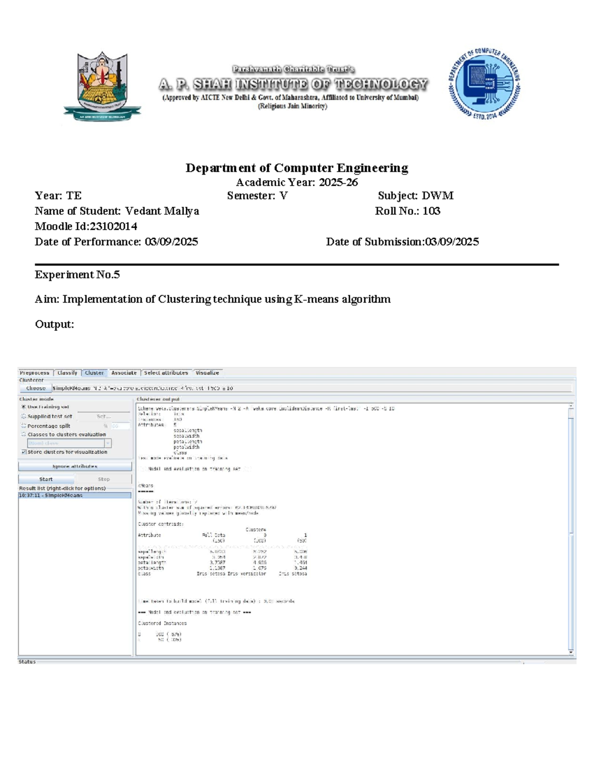 DWM TE V Semester Experiment No.5: K-Means Clustering Implementation - Studocu
