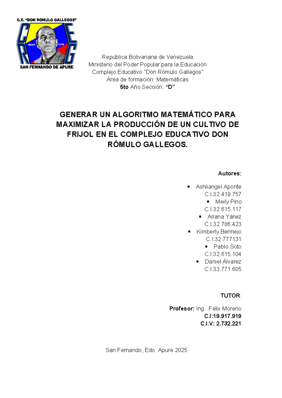 Generación de un Algoritmo Matemático para Cultivo de Frijol en 5to D ...