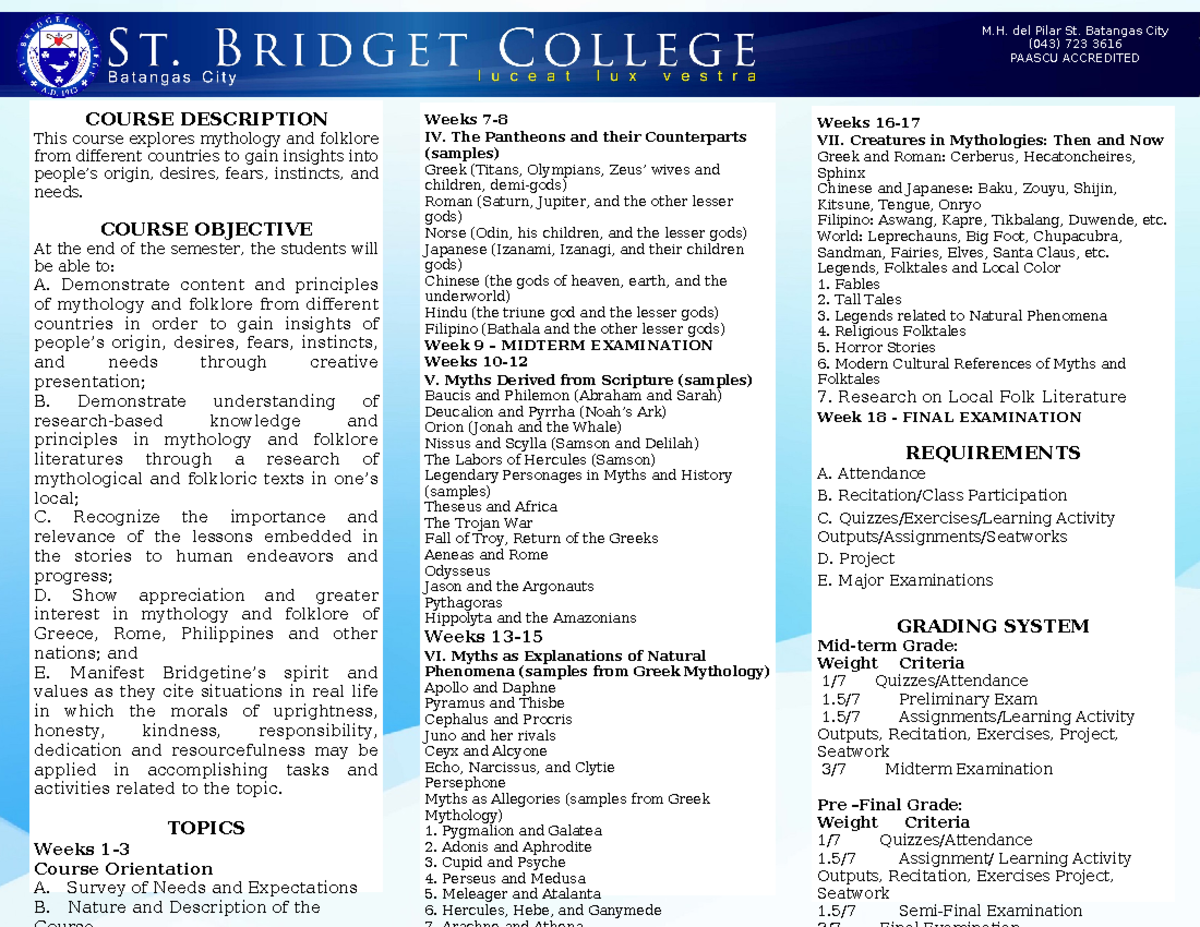 True Mythology AND Folklore Course Outline (MIDTERM & FINAL EXAMS ...