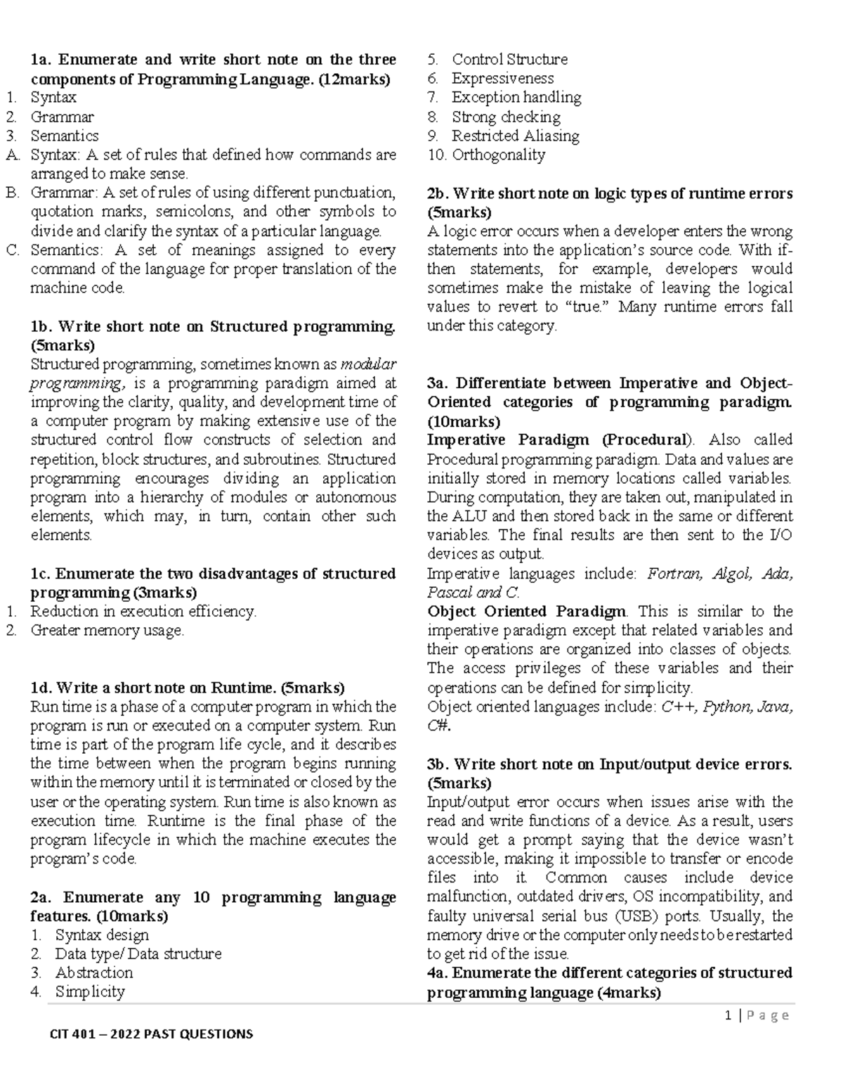 CIT 401 Past Questions Compilation - 2022 Summary and Answers - Studocu