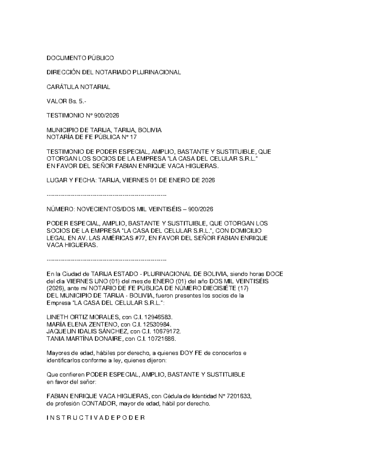 Testimonio de Poder Especial - Notaría 17, Tarija 2026 - Studocu