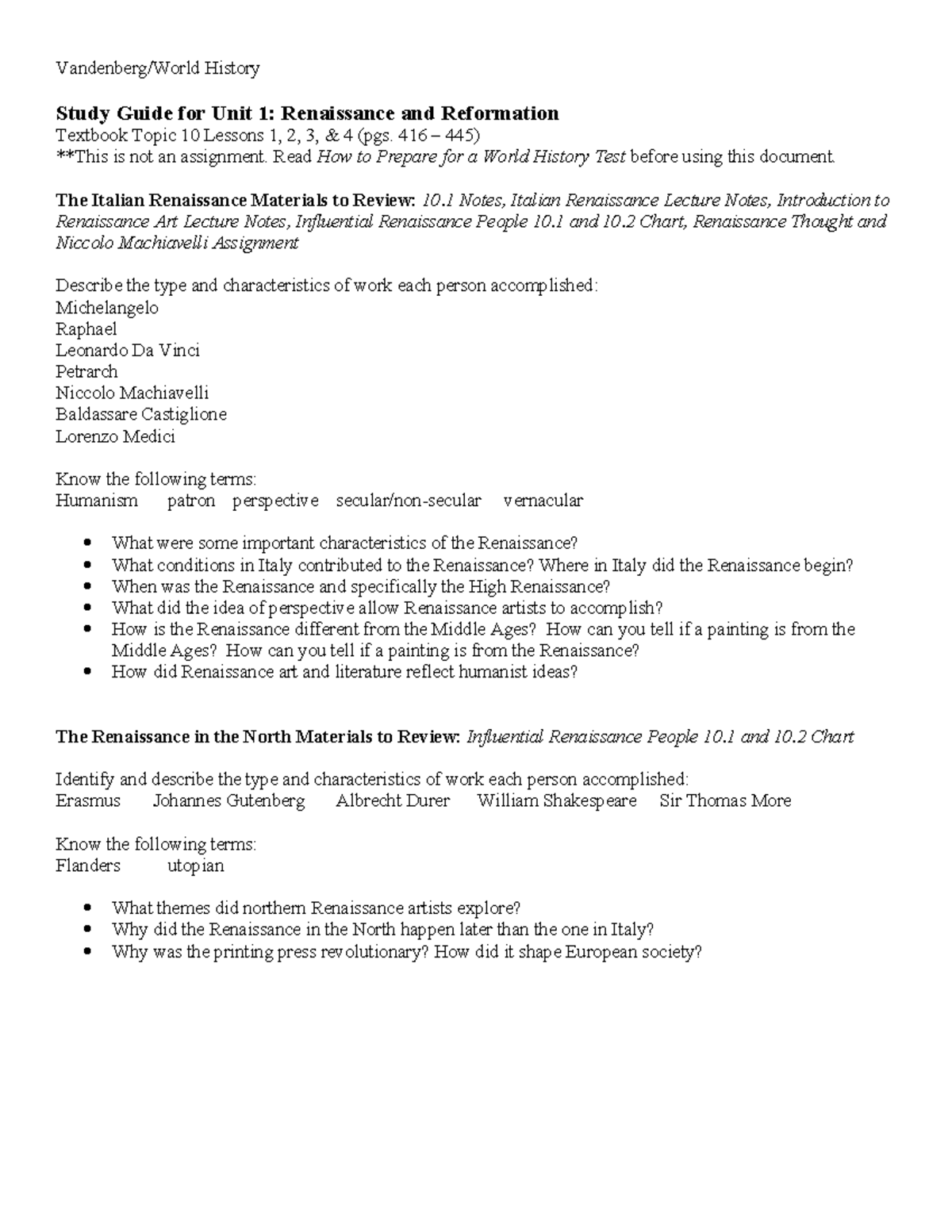 History Study Guide: Unit 1 - Renaissance & Reformation (World History ...