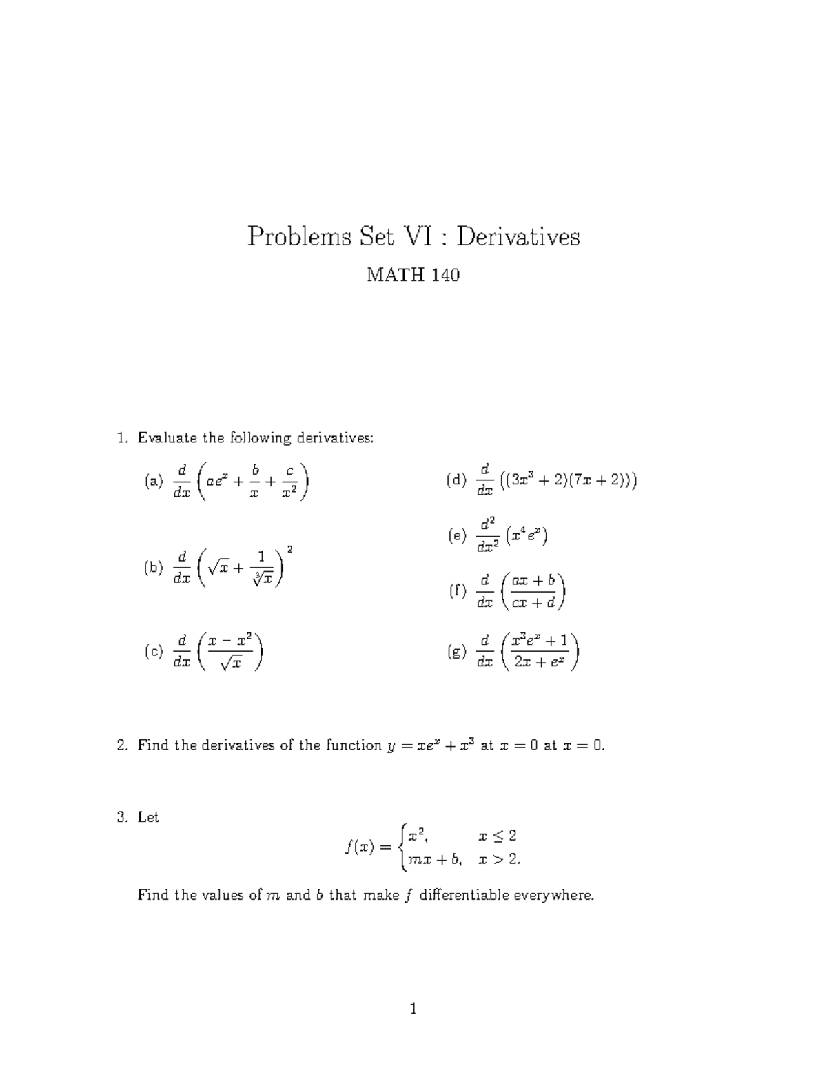 Math 140 Tutorial 6: Derivative Problems Set - Studocu