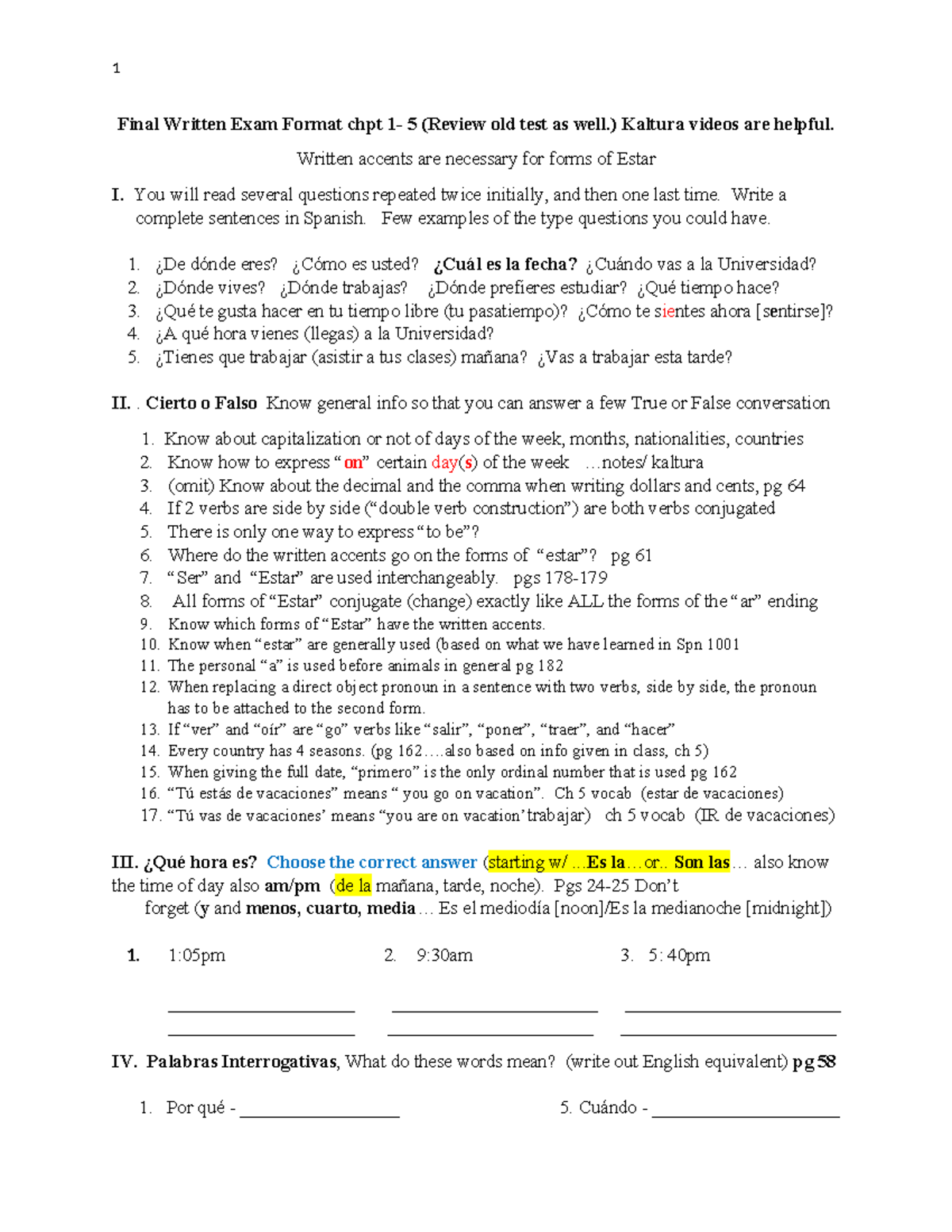 Final Exam Study Guide: Spanish 1001 - Key Concepts & Practice - Studocu