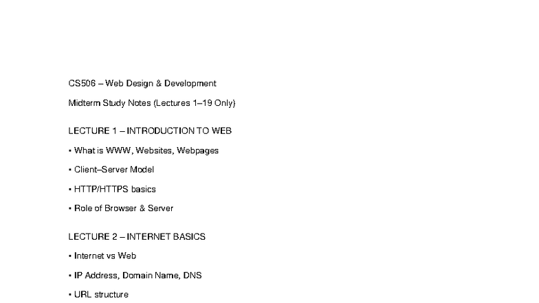 CS506 Web Design Development Midterm Study Notes (Lectures) - Studocu