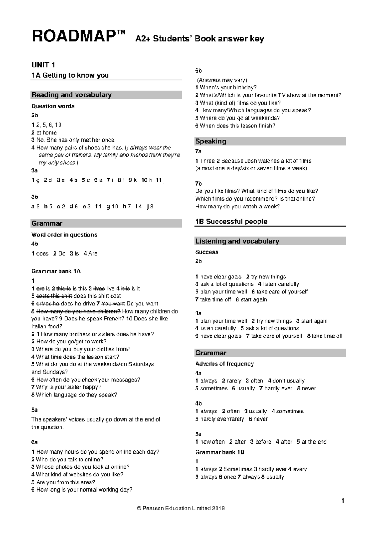 Roadmap A2+ Students' Book Answer Key for Units 1-3 - Studocu
