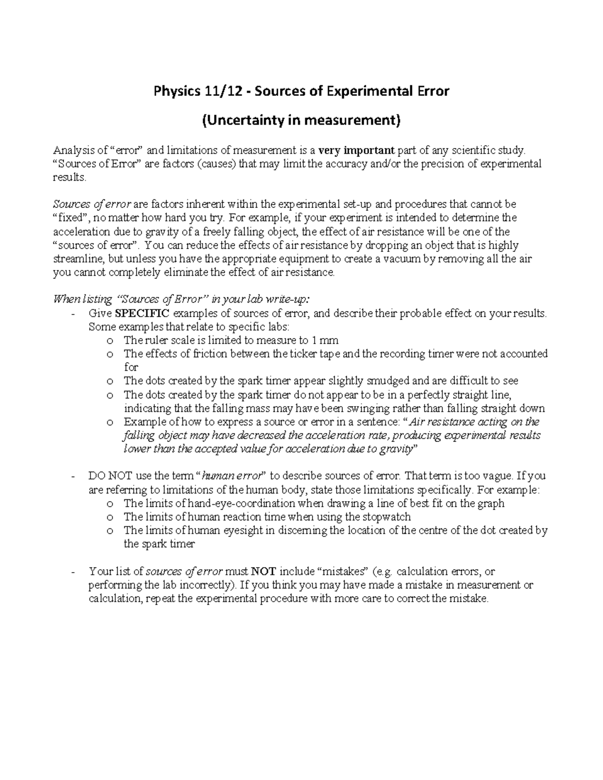 Sources of error and percent error and difference 1 - Physics 11/12 ...