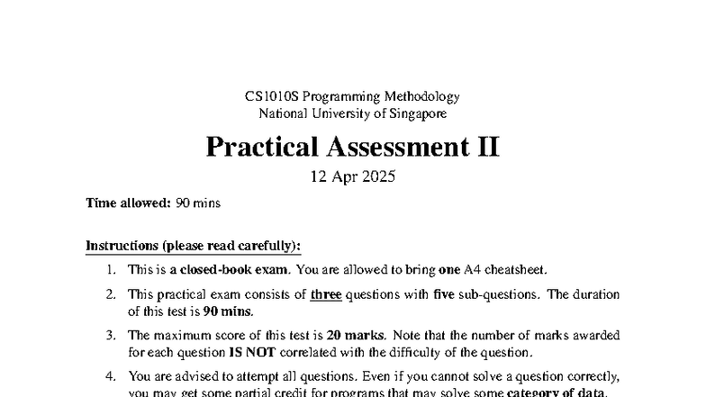 CS1010S Programming Methodology Practical Exam II - 12 Apr 2025 - Studocu