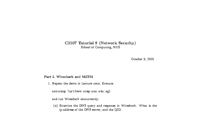 CS2107 Tutorial 8: Wireshark & MITM Analysis in Network Security - Studocu