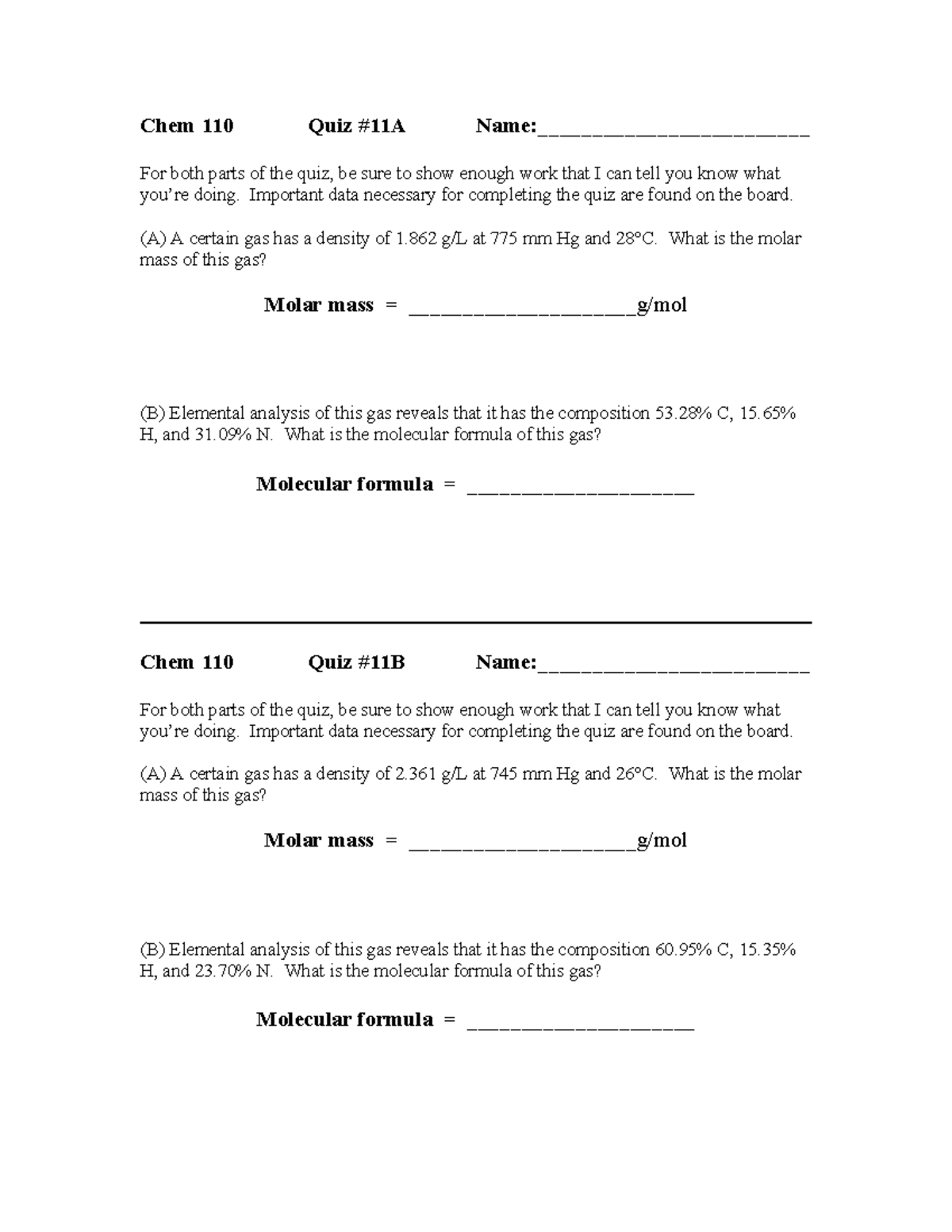 Chem 110 Practice Quiz 11: Molar Mass & Molecular Formula - Studocu