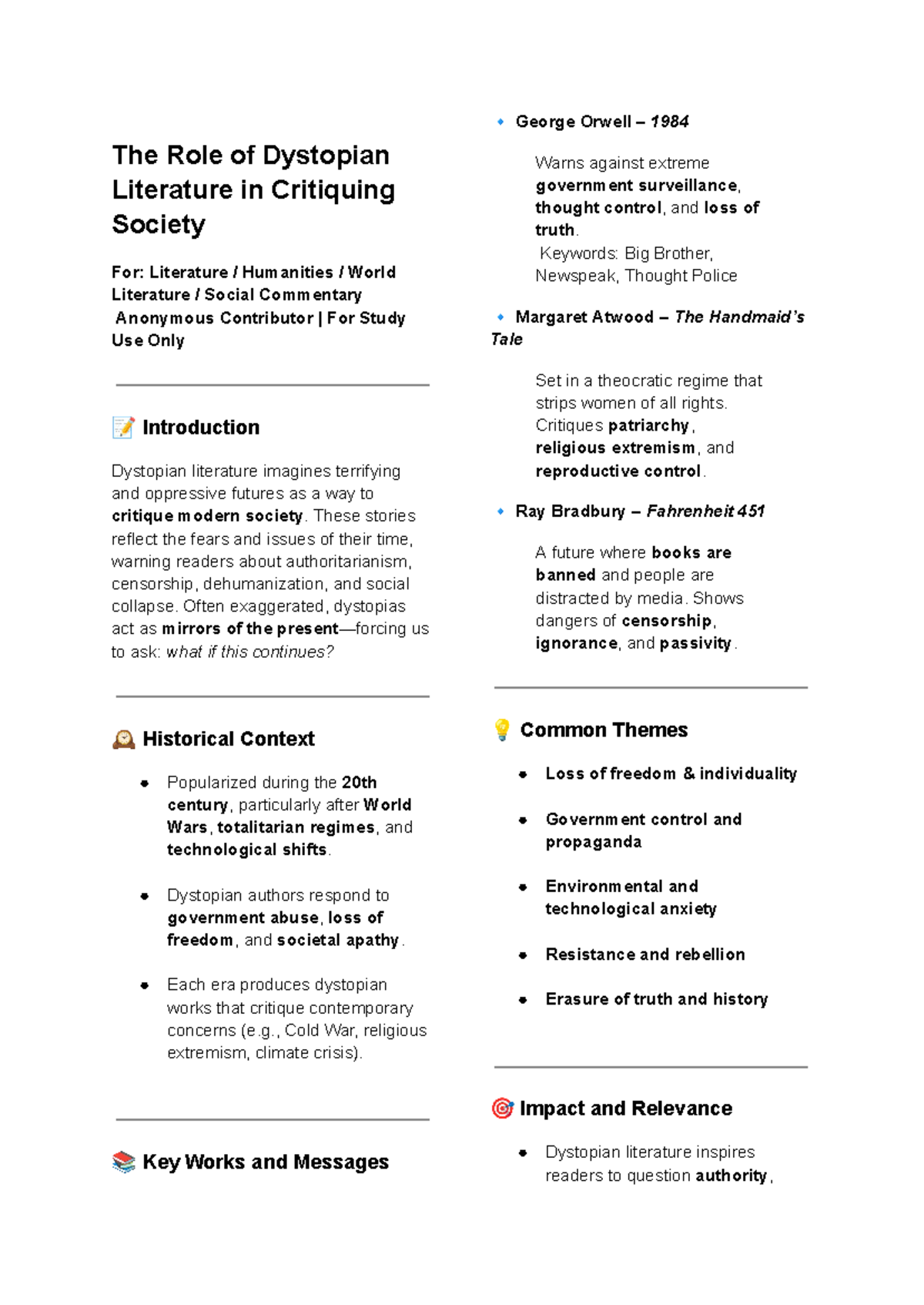 The Impact of Dystopian Literature on Society Critique: A Study in ...