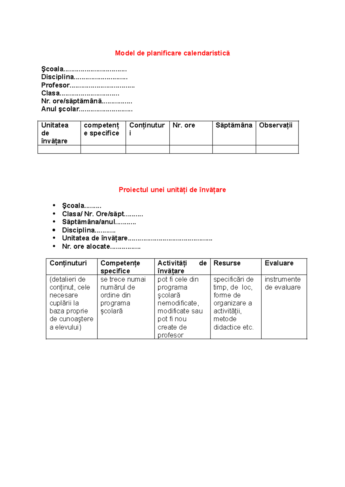 Planificare Unitate de Învățare și Proiect - Model Detaliat - Studocu