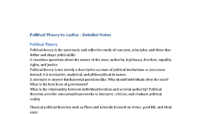 Political Theory to Justice: Comprehensive Notes on Key Concepts - Studocu