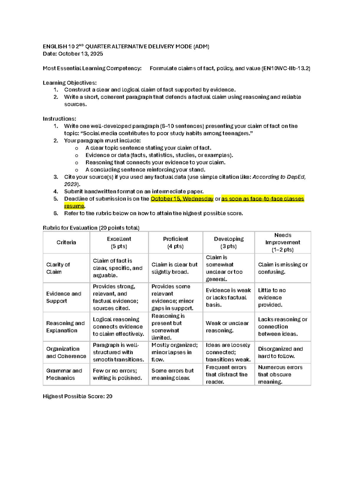 ENGLISH 10 2ND QUARTER ADM: Claim of Fact Writing Guide - Studocu
