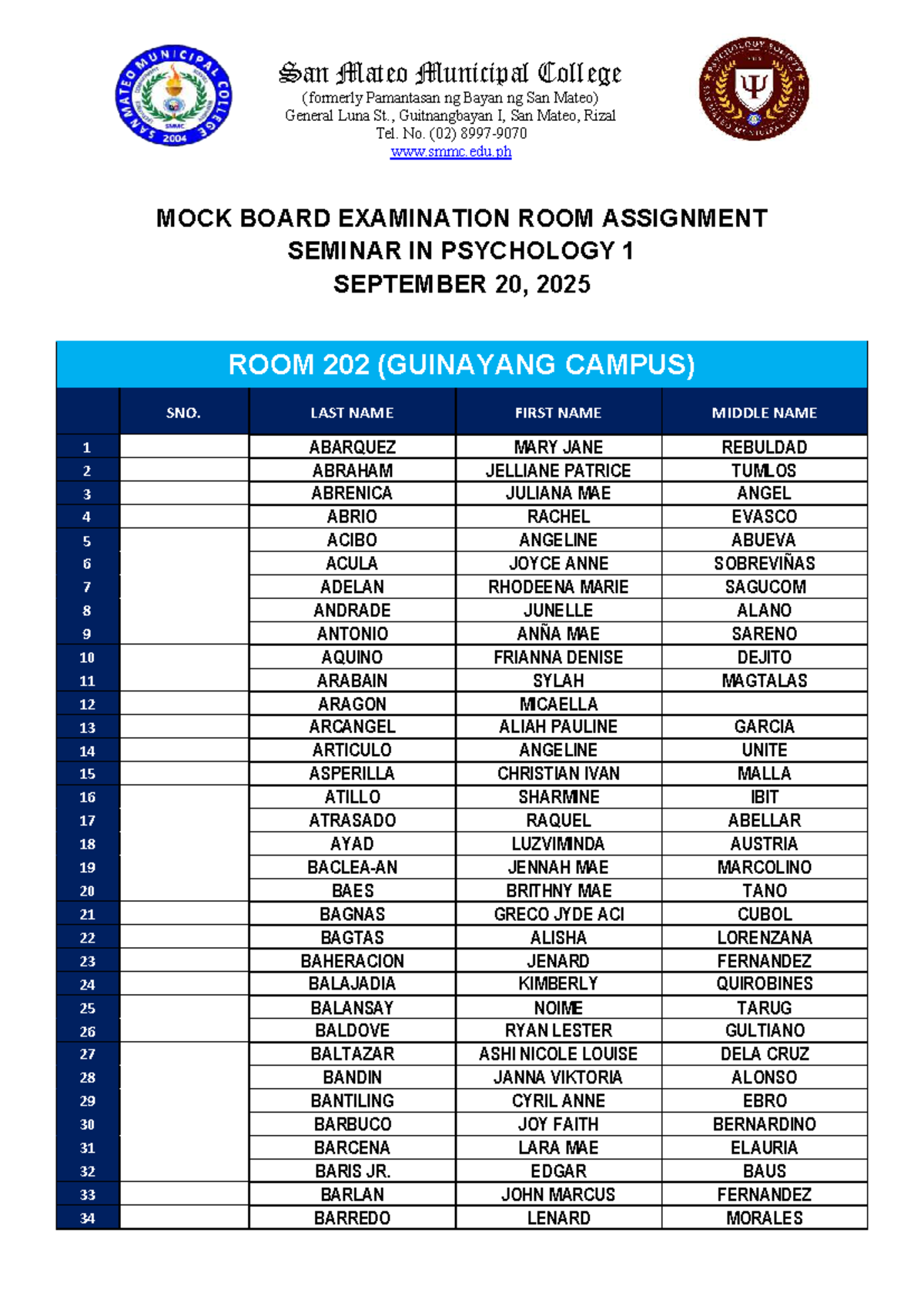 MOCK BOARD EXAM ROOM ASSIGNMENT - SEMINAR IN PSYCHOLOGY 1 (MBE) - Studocu