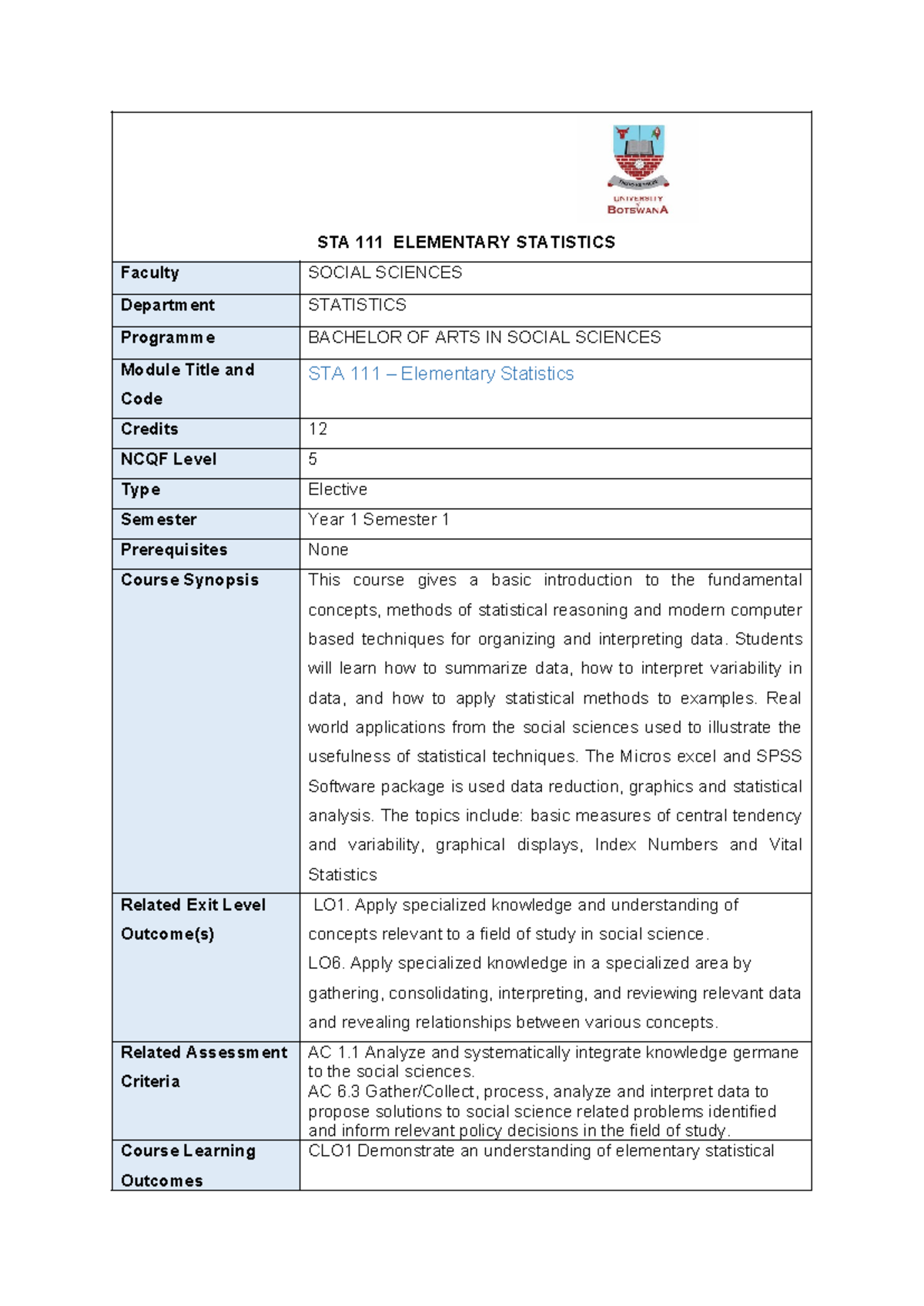 STA 111 LEC04 Elementary Statistics Course Outline 2024 - Studocu