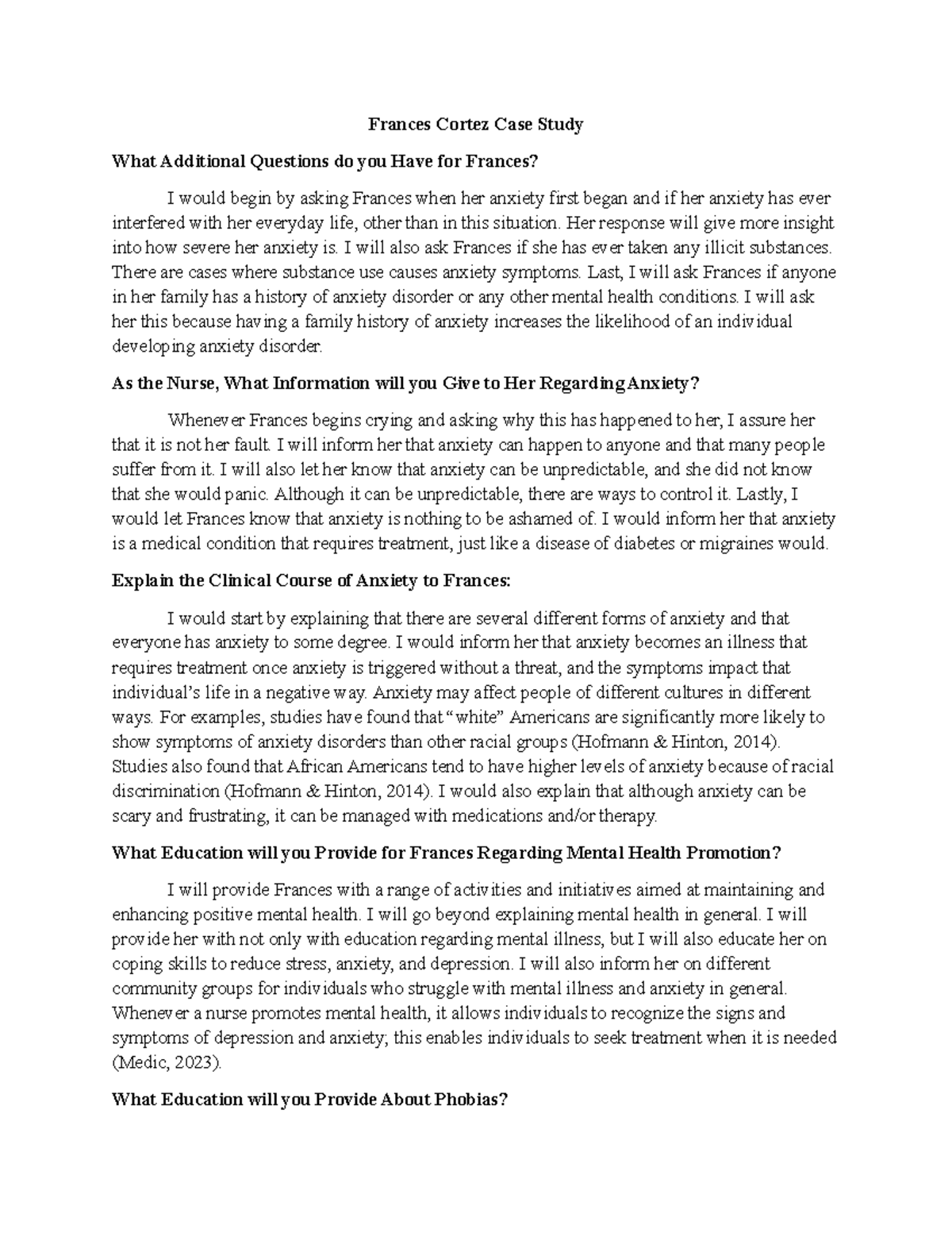 Psych 101: Case Study Discussion on Frances Cortez's Anxiety - Studocu