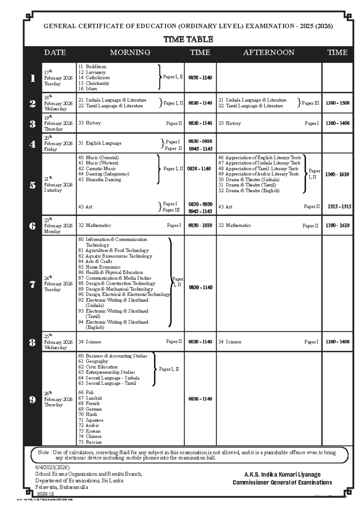 GCE O/L Exam Timetable 2025-2026: Detailed Schedule - Studocu