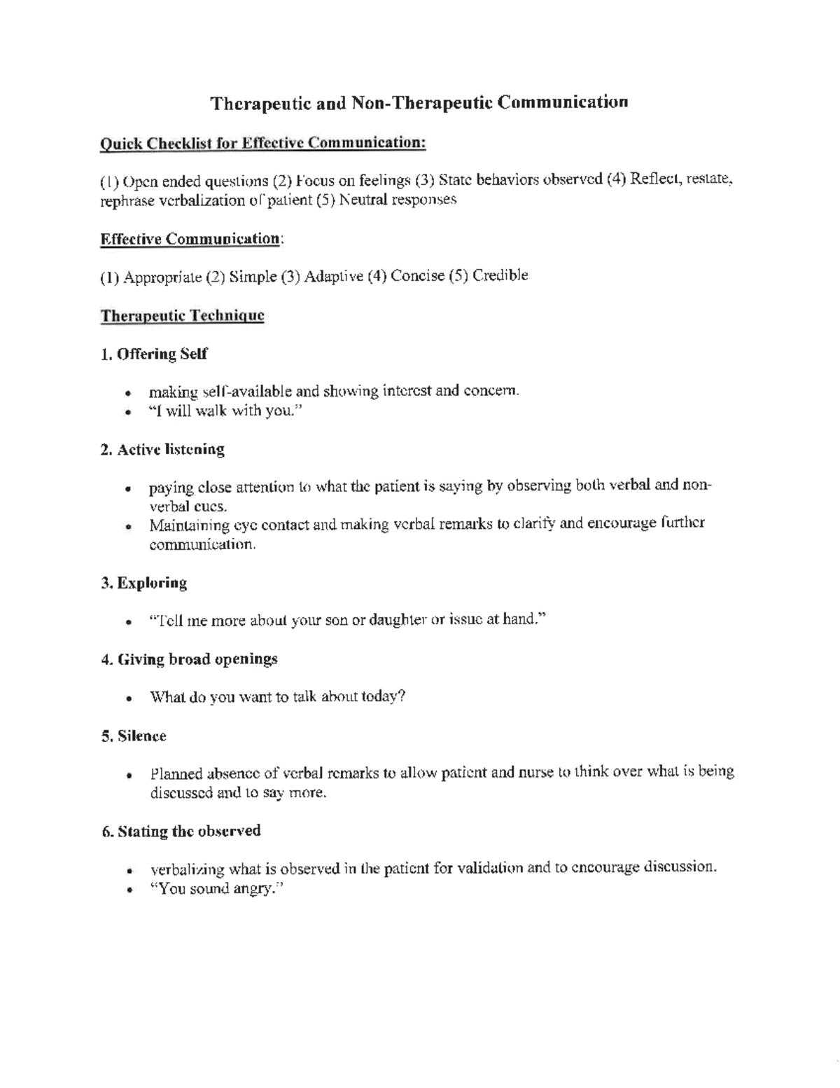 Therapeutic and Non-Therapeutic Communication Techniques (NUR 101) - Studocu