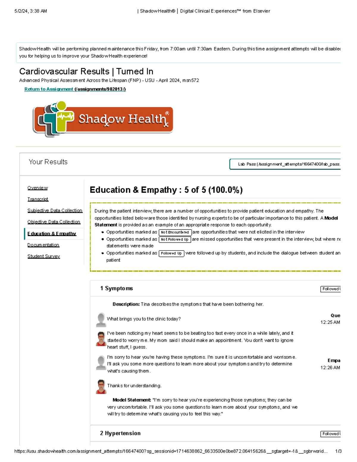 Shadow Health Cardiovascular Education and Empathy - 5/2/24, 3:38 AM ...