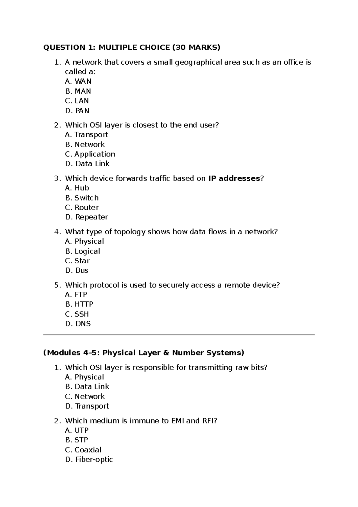 CFB Final Exam: Networking Concepts & OSI Model Questions - Studocu