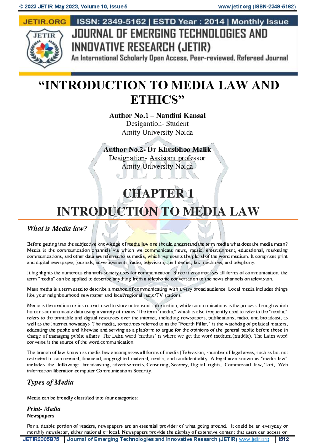 Jetir 2305B75 - Media Law and Ethics: Key Notes and Insights - Studocu