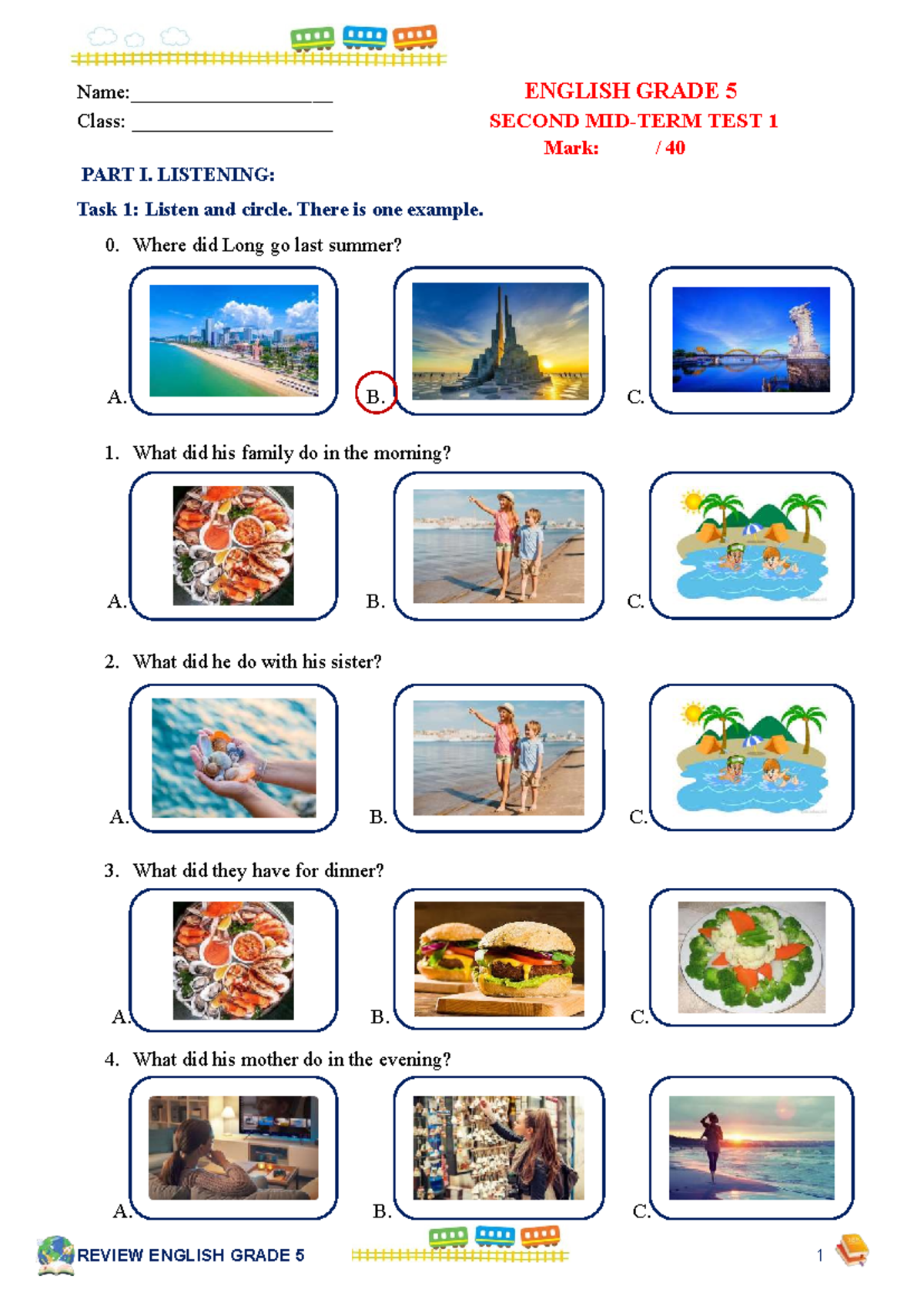 ENGLISH GRADE 5: MID-TERM TEST 5 Listening & Writing Tasks - Studocu