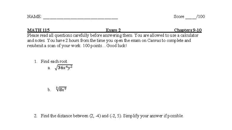 Exam 2 - MATH 115: Questions and Guidelines - Studocu