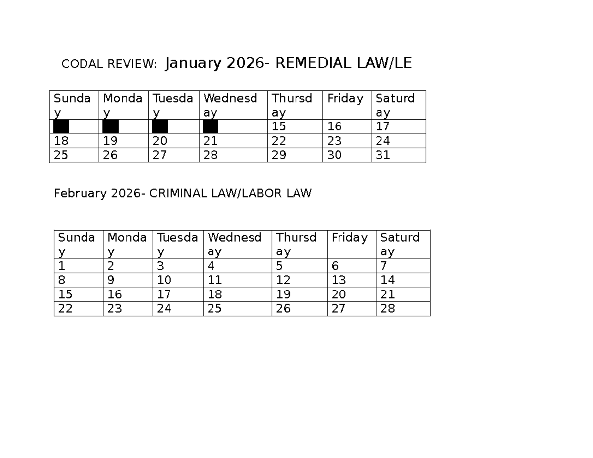 CODAL REVIEW CALENDAR 2026: REMEDIAL, CRIMINAL, CIVIL LAW - Studocu