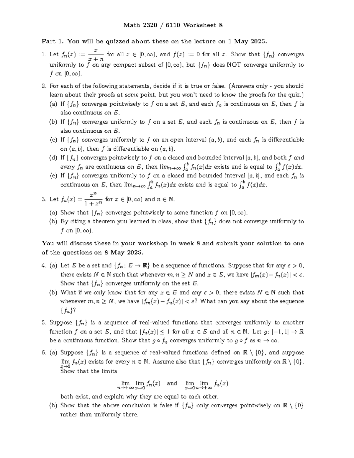 Math 2320 6110 Worksheet 8 - Analysis and Convergence Concepts - Studocu