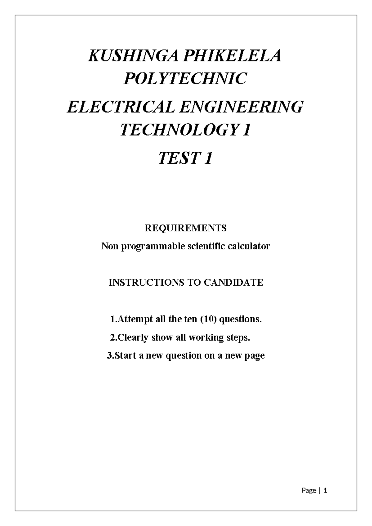 EET 102020 Electrical Engineering Technology Test 1 Requirements - Studocu