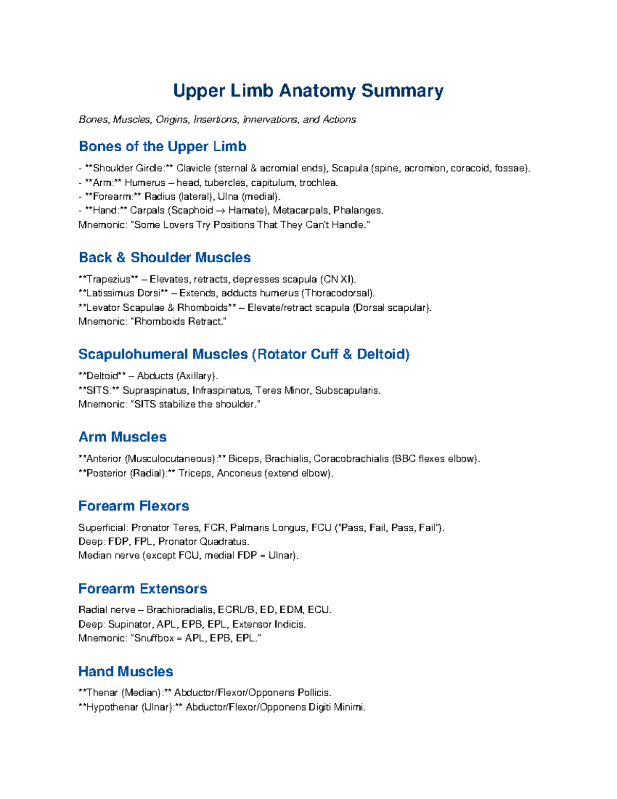 Upper Limb Anatomy Summary: Bones, Muscles, and Nerves Overview - Studocu
