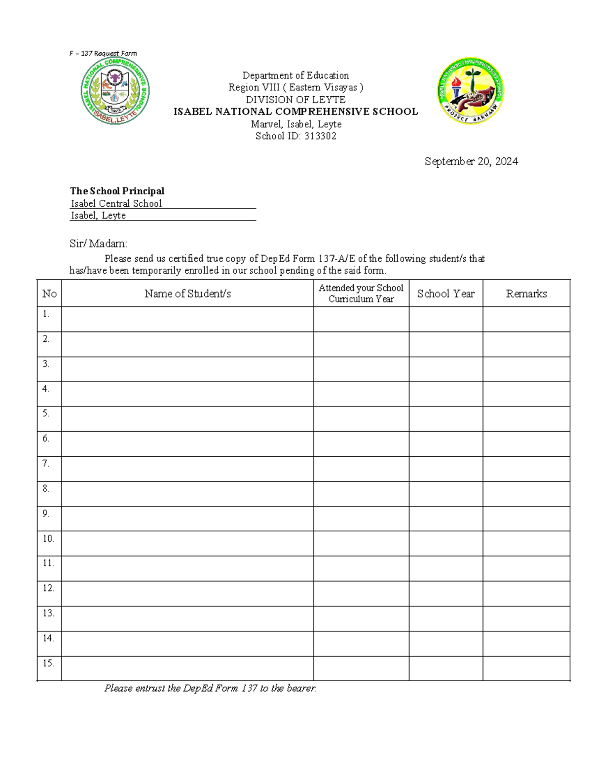Form 137-E Request Letter for Student Enrollment Verification - Studocu