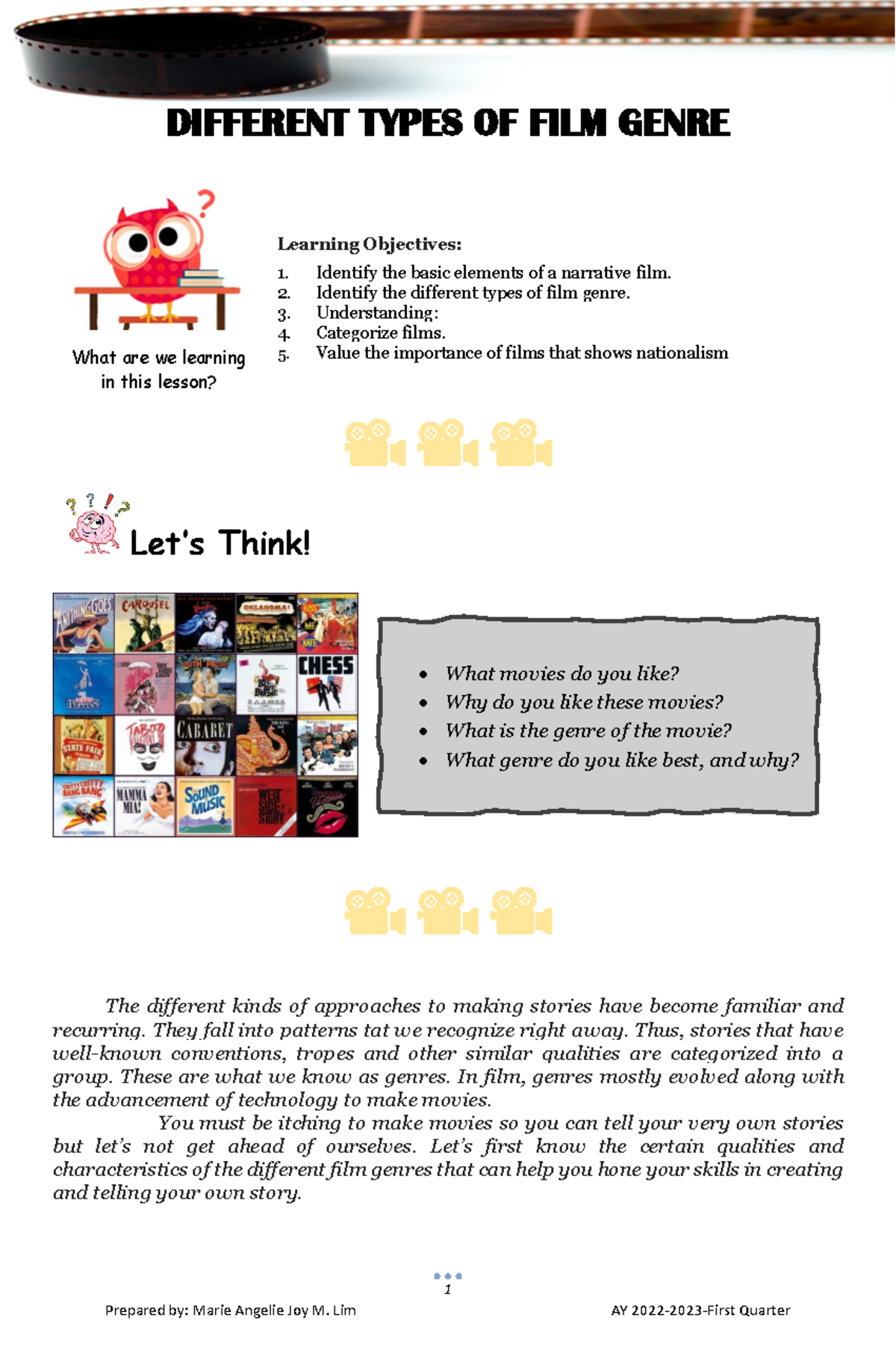 Lesson 1 Office Types of FIlm Genres - 1 ####### Learning Objectives ...