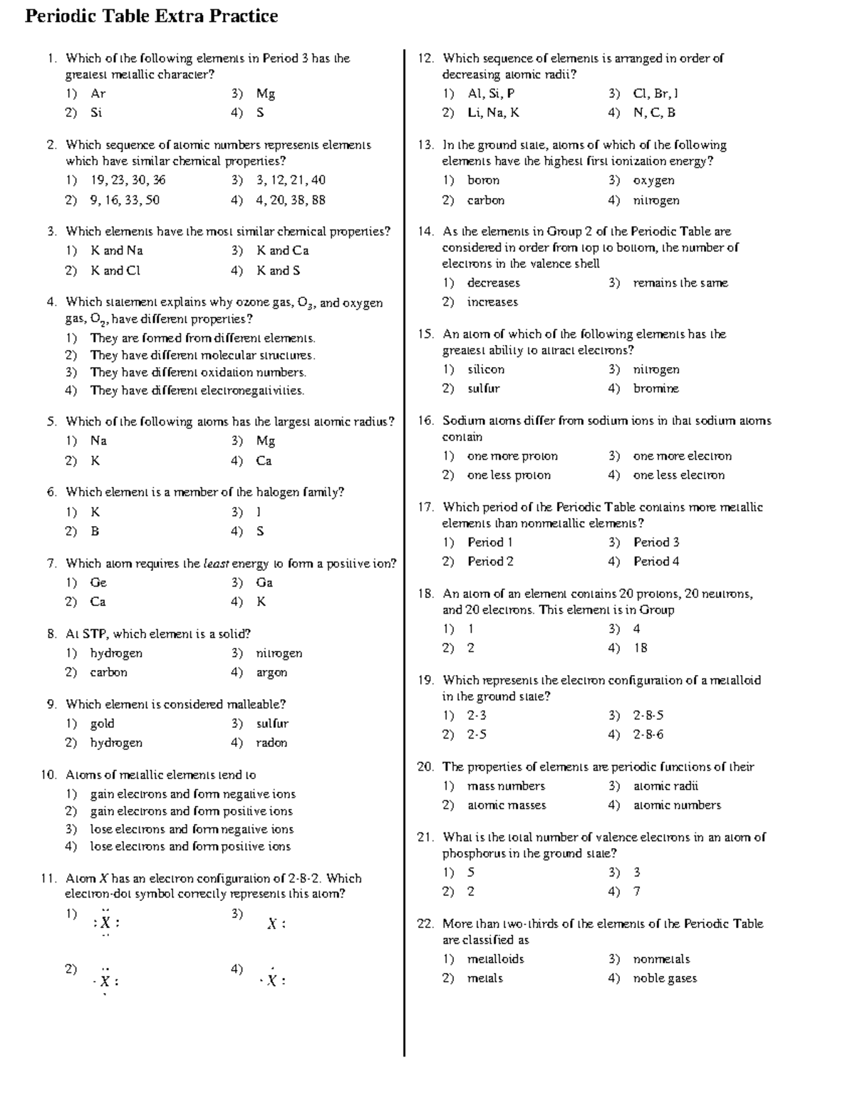 Periodic Table Extra Practice 1: Key Concepts and Questions - Studocu