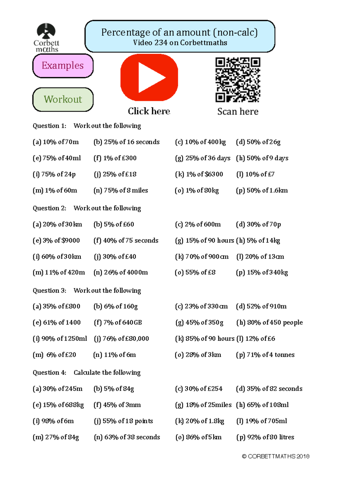 Percentages of Amounts: Corbettmaths Video 234 Exercises - Studocu