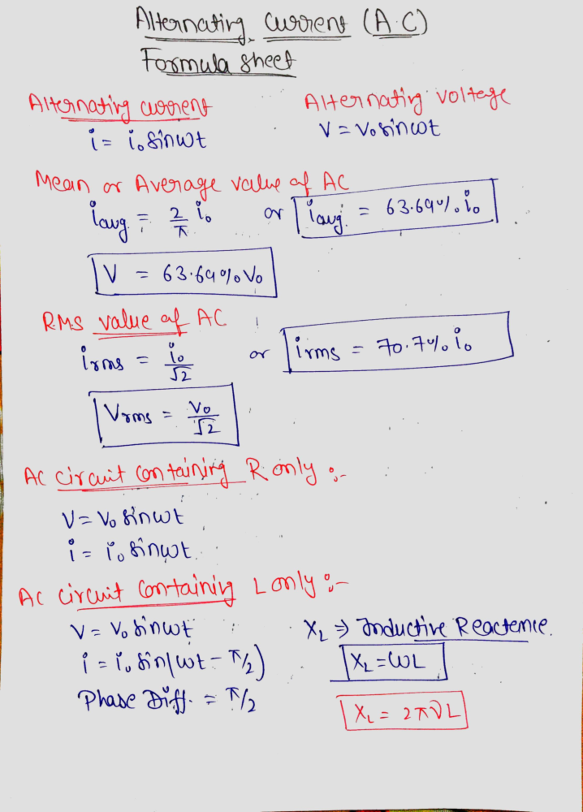 AC Class 12 Physics Formula Sheet by Sykophysics: Key Concepts - Studocu