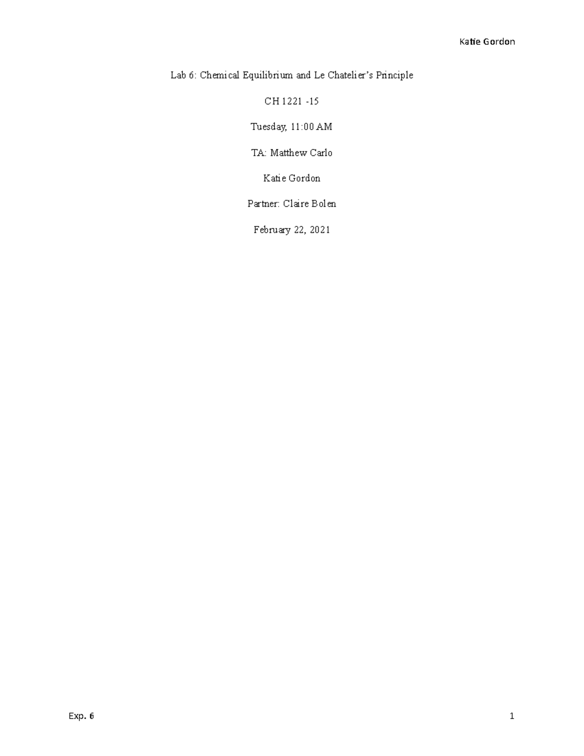 Le Chat Lab 6 - Chemical Equilibrium & Le Chatelier’s Principle Report ...