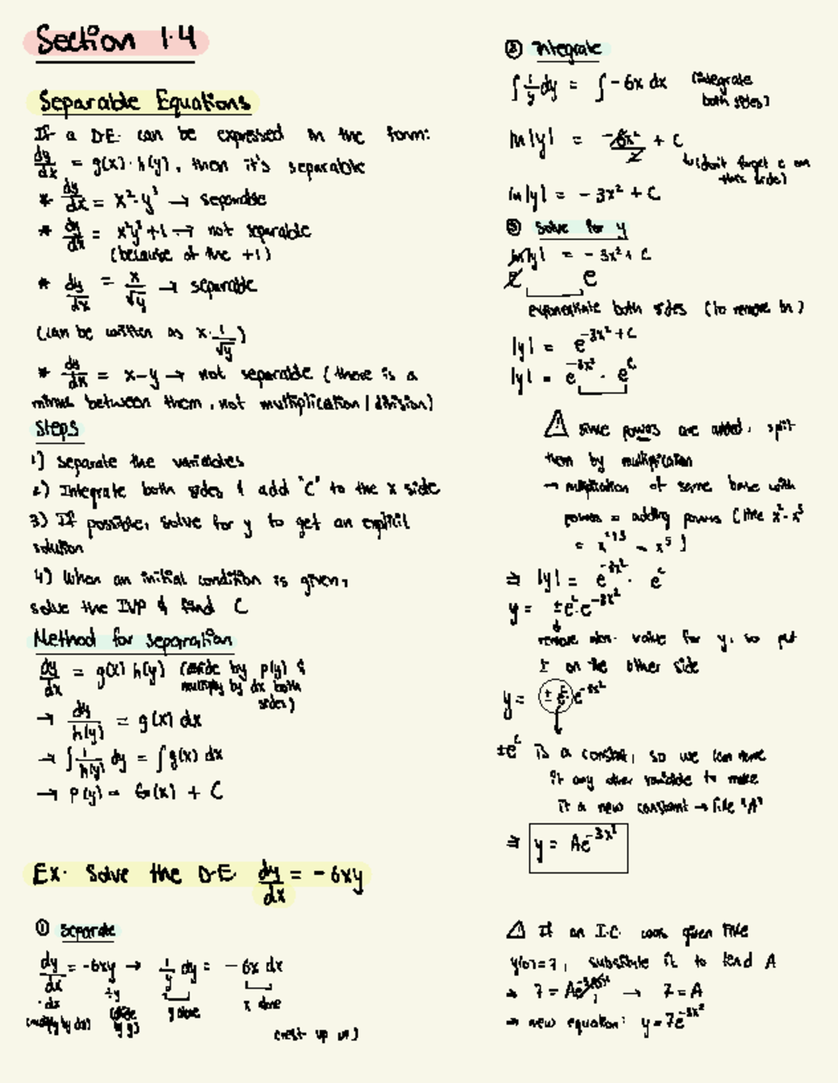 Chapter 1 Section 4: Integrating Separable Equations in DE - Studocu