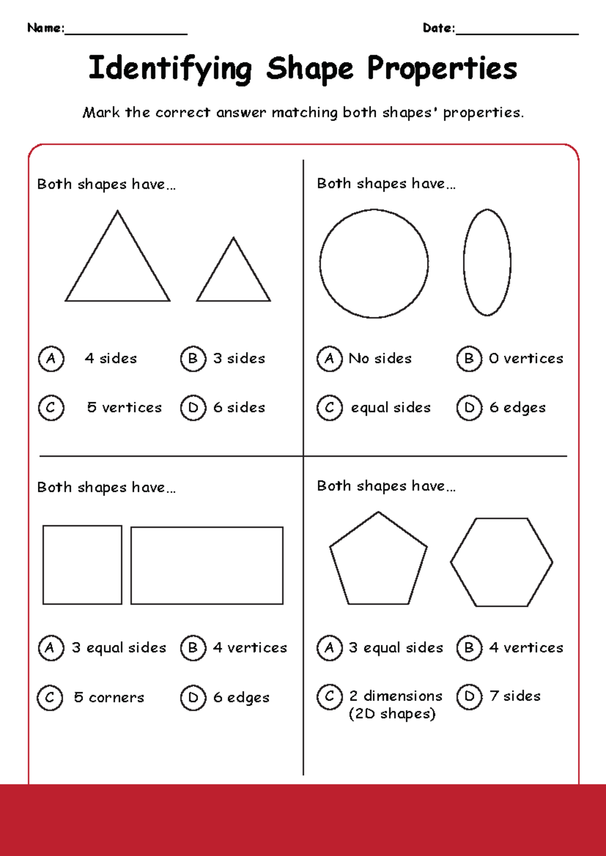 Identifying Shape Properties - Kindergarten Worksheet - Mark the ...