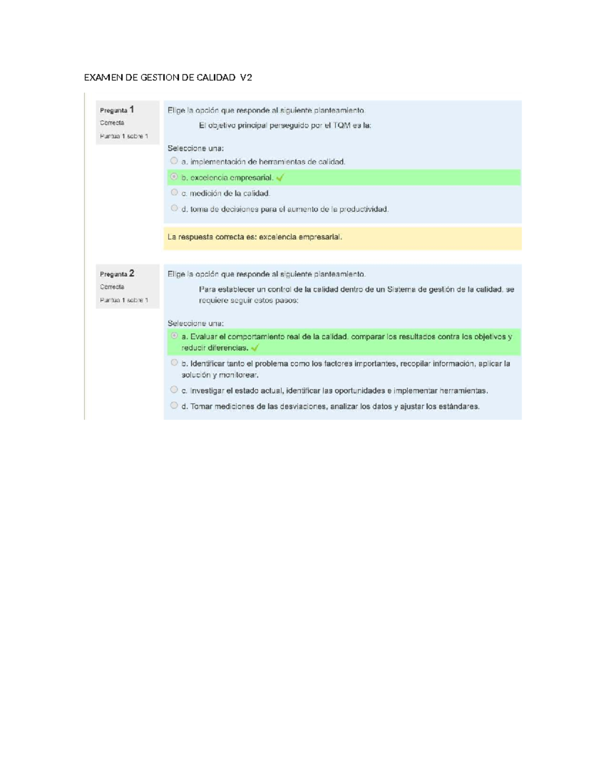 Examen de Gestión de Calidad V2: Preguntas y Respuestas - Studocu
