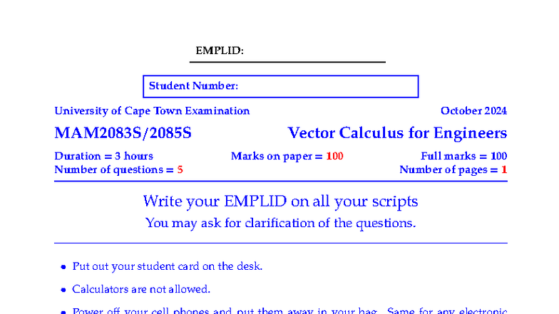 2024 S EX: Vector Calculus for Engineers Exam Guidelines and Questions ...