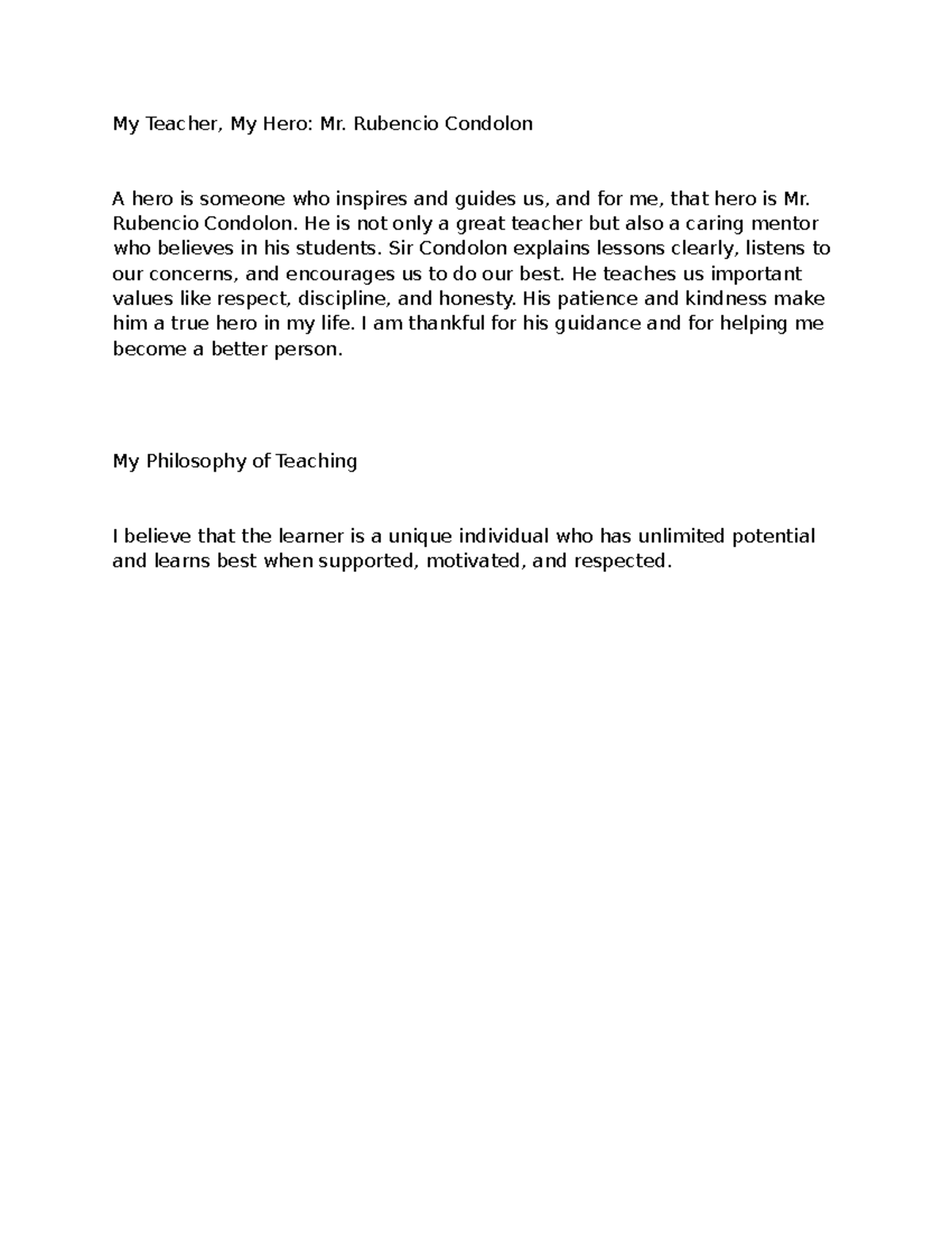 My Teacher, My Hero: Mr. Rubencio Condolon - A Tribute - Studocu