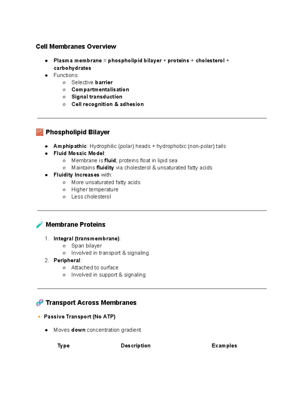 Biochemistry Notes: Cell Membranes Overview and Functions - Studocu