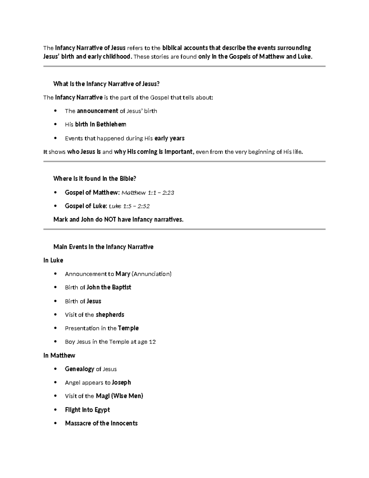 The Infancy Narrative of Jesus: Key Events & Biblical References - Studocu