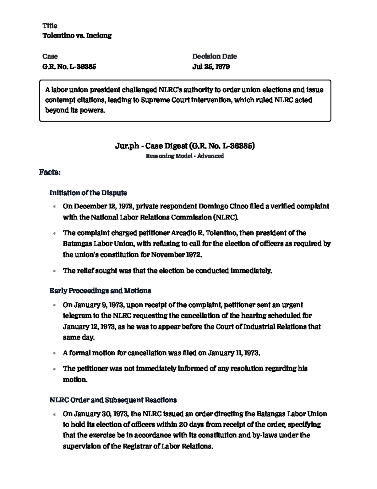 Tolentino vs. Inciong: NLRC Authority and Supreme Court Review - Studocu