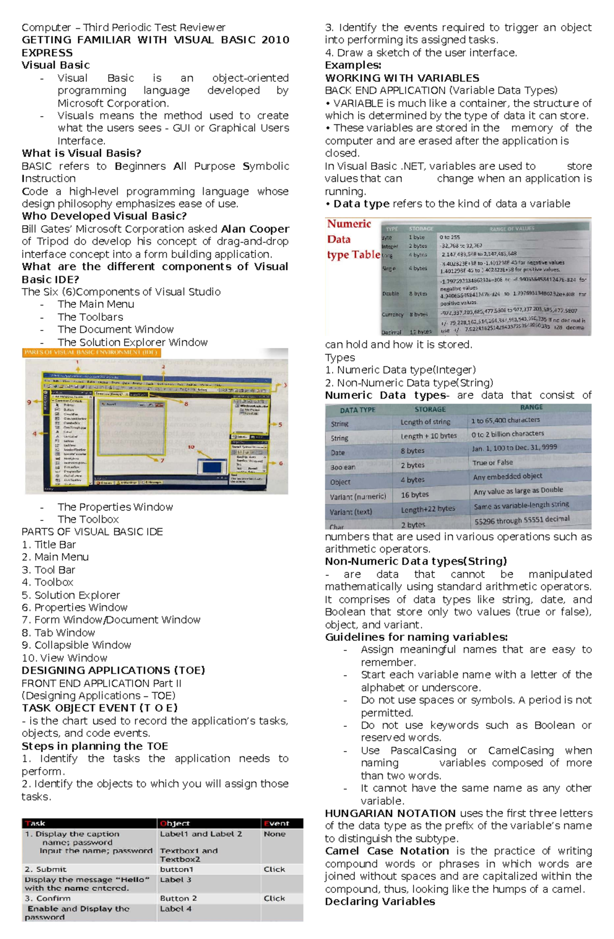 Computer Third Periodic Test Reviewer: Visual Basic 2010 Essentials ...