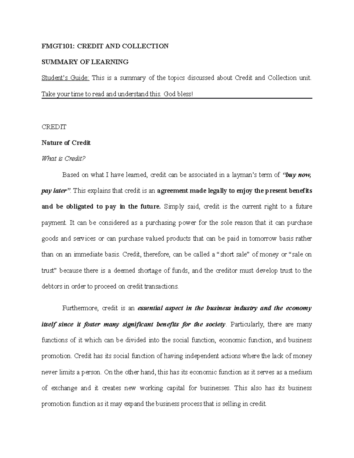 Summary OF Learning About Credit AND Collection UNIT - FMGT101: CREDIT ...