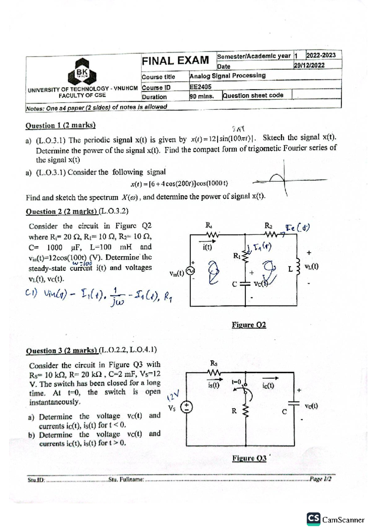EE2405 Analog Signal Processing Final Exam 2023 - Question Sheet - Studocu