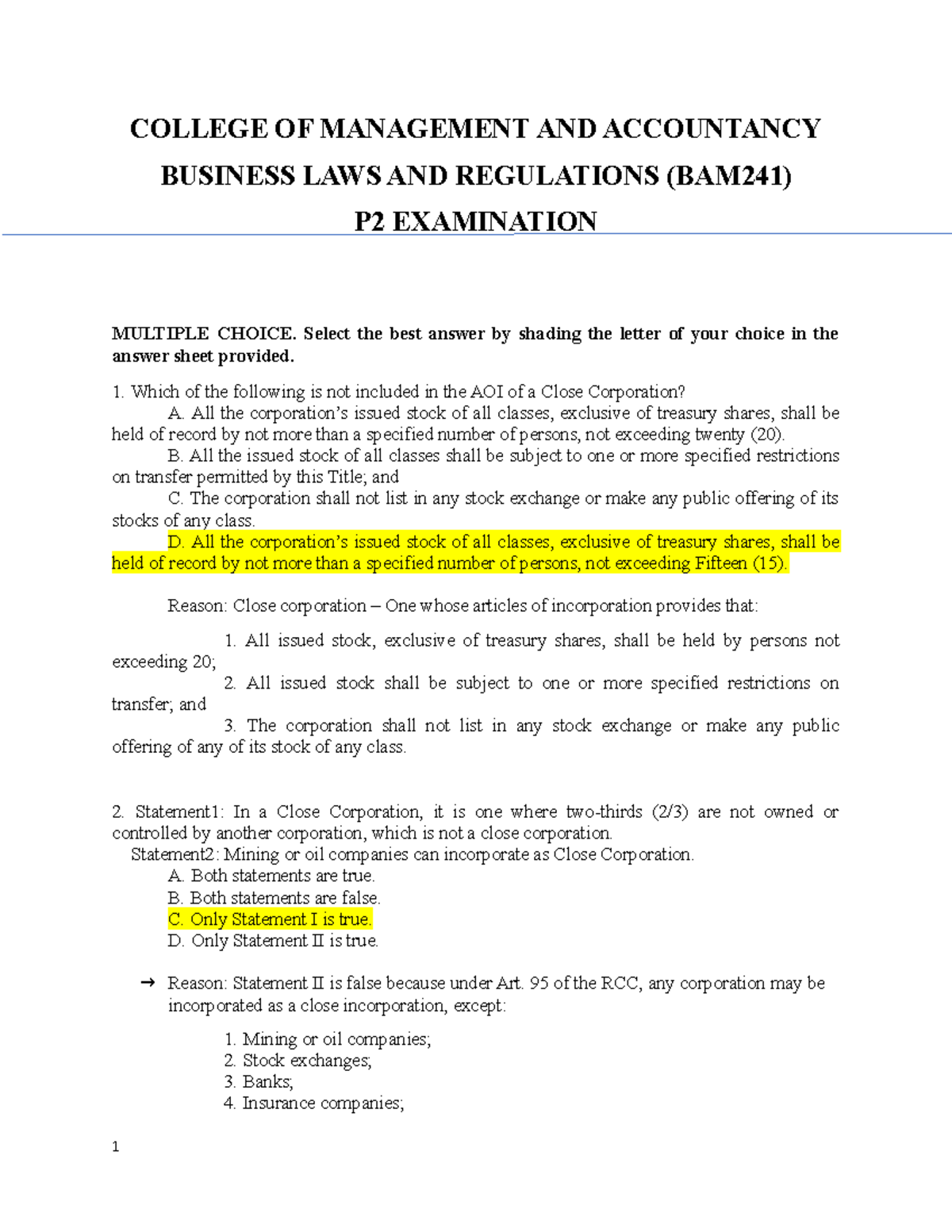BAM241-P2 EXAM: Business Laws & Regulations with Answer Key - Studocu
